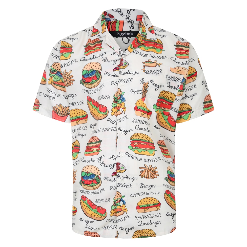 Bigdude Relaxed Collar Fast Food Print Short Sleeve Shirt Yellow | BigDude